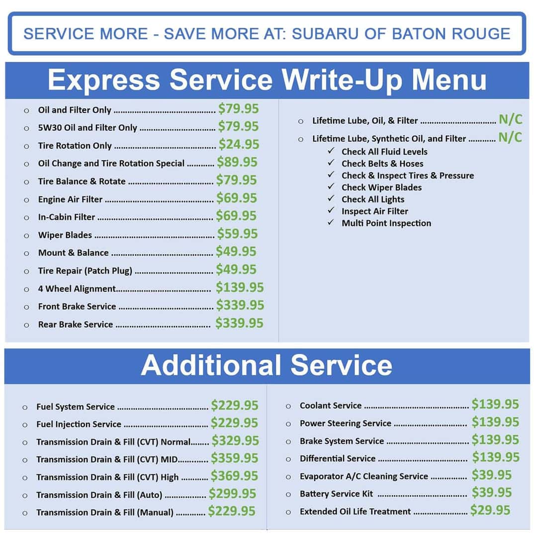 Subaru Service Menu | Subaru of Baton Rouge